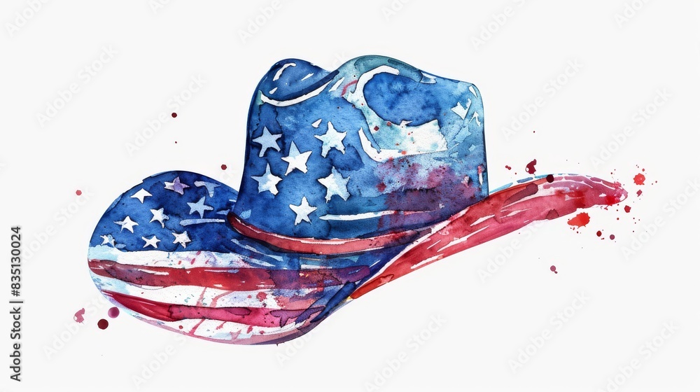 Watercolor illustration of a cowboy hat painted with American flag ...