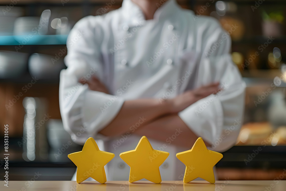 Restaurant and food rating review concept, yellow star and chef behind ...