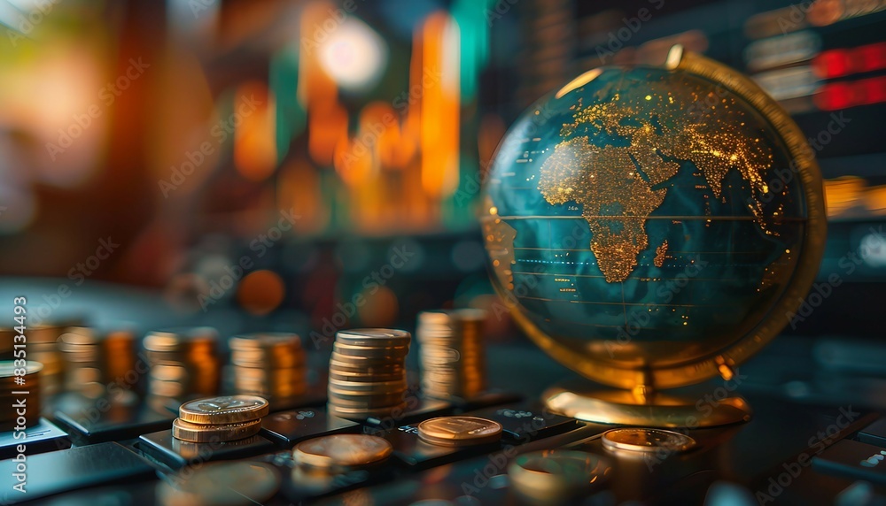 Budgeting Beyond Boundaries, globe with financial charts and currencies ...
