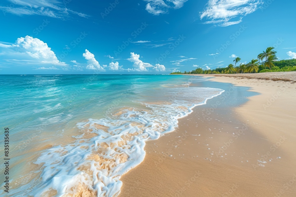 A high-resolution 4K landscape photo of a pristine beach with golden ...