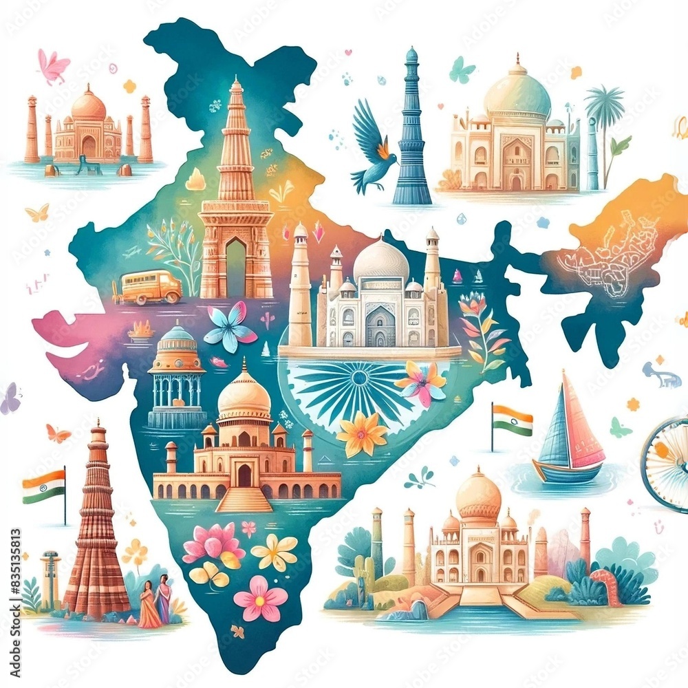 Illustrated Map of India with Iconic Landmarks Stock Illustration ...