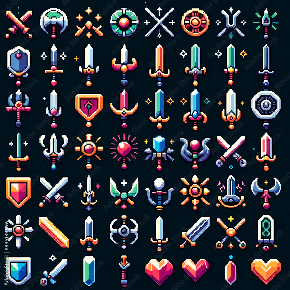 Pixel Art RPG Weapons and Shields Icons Sheet Stock Illustration ...