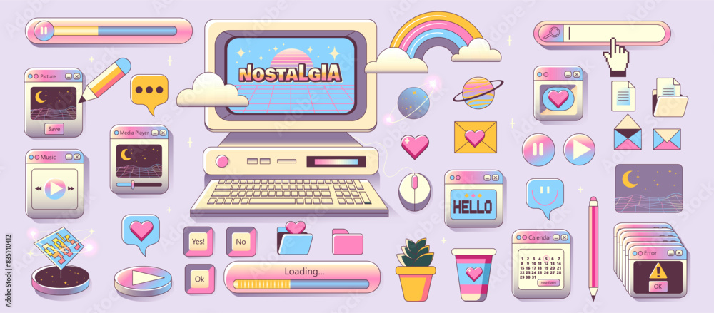 Old computer aestethic. Vaporwave style pc elements, user interface, UI, , planet, dialogue ...