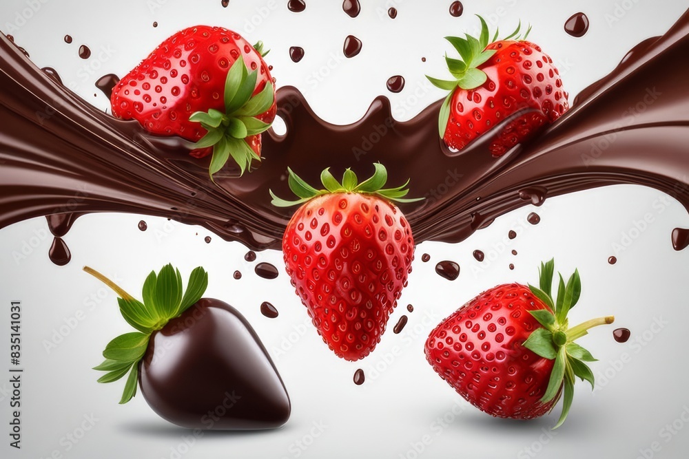 Multiple strawberries are suspended in mid-air, surrounded by a splash ...