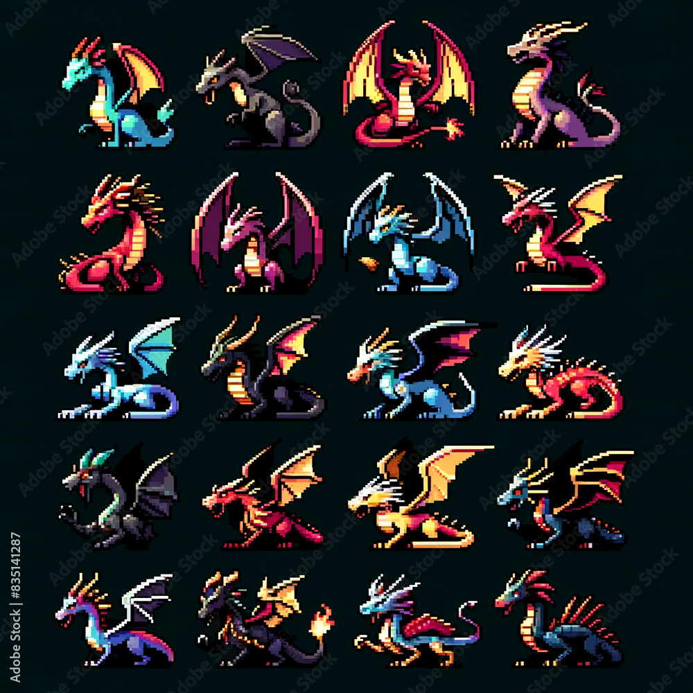Pixel Art RPG Dragons Icons Sheet Stock Illustration | Adobe Stock