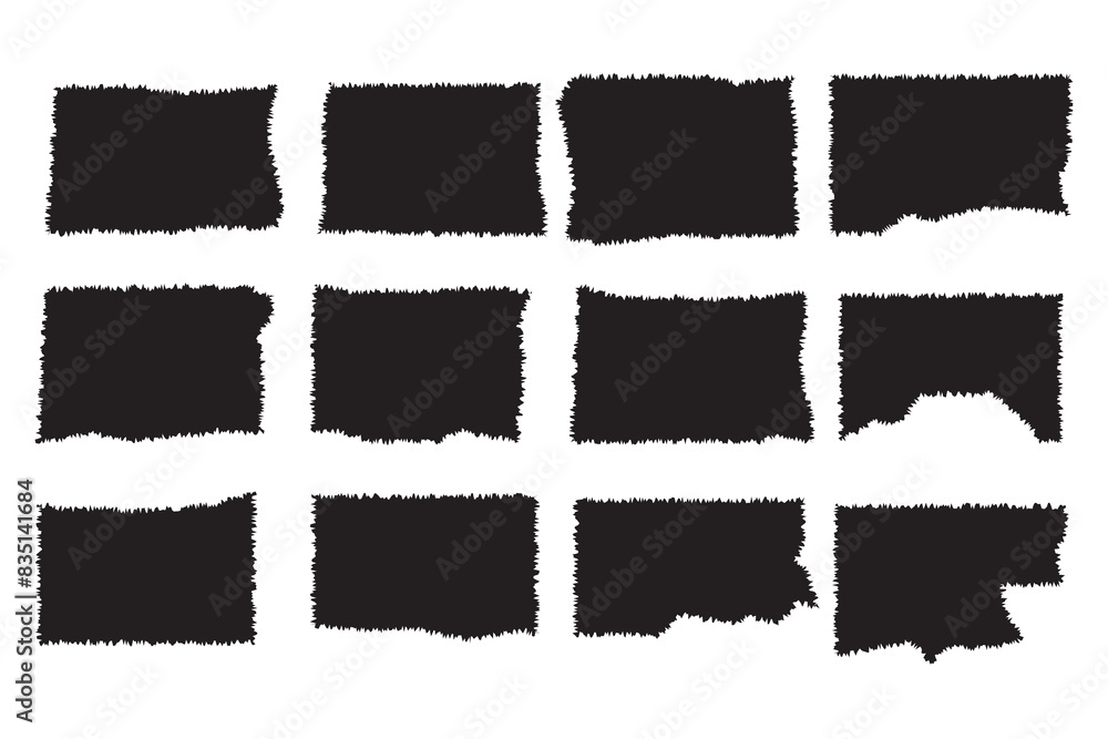 Collection of torn paper pieces. Black square frames with Irregular ...