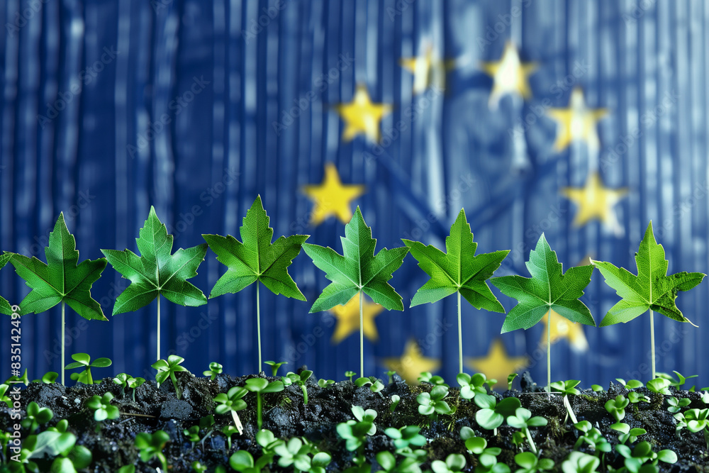 European Union Flags and Young Plants Symbolizing Ecology, a row of ...