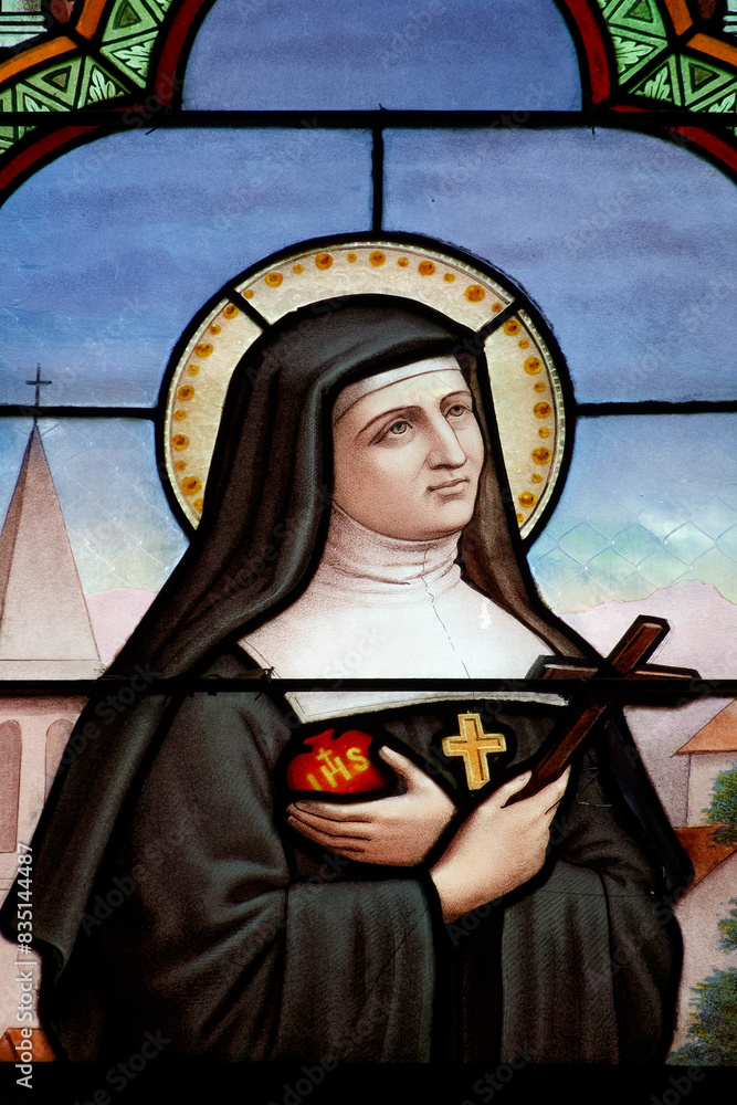 A stained glass of St. Jane Frances de Chantal, founder of the ...