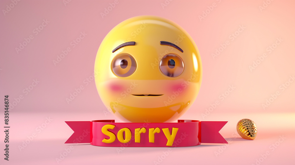 Design a 3D luxury yellow emoji with a penitent face. Below, a red ...