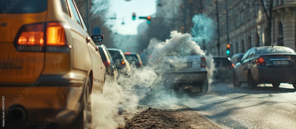 Urban Air Pollution: Long Line of Cars Emitting Exhaust Fumes ...