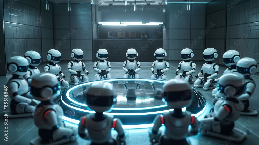 Group therapy session with robots sitting in a circle, each displaying ...