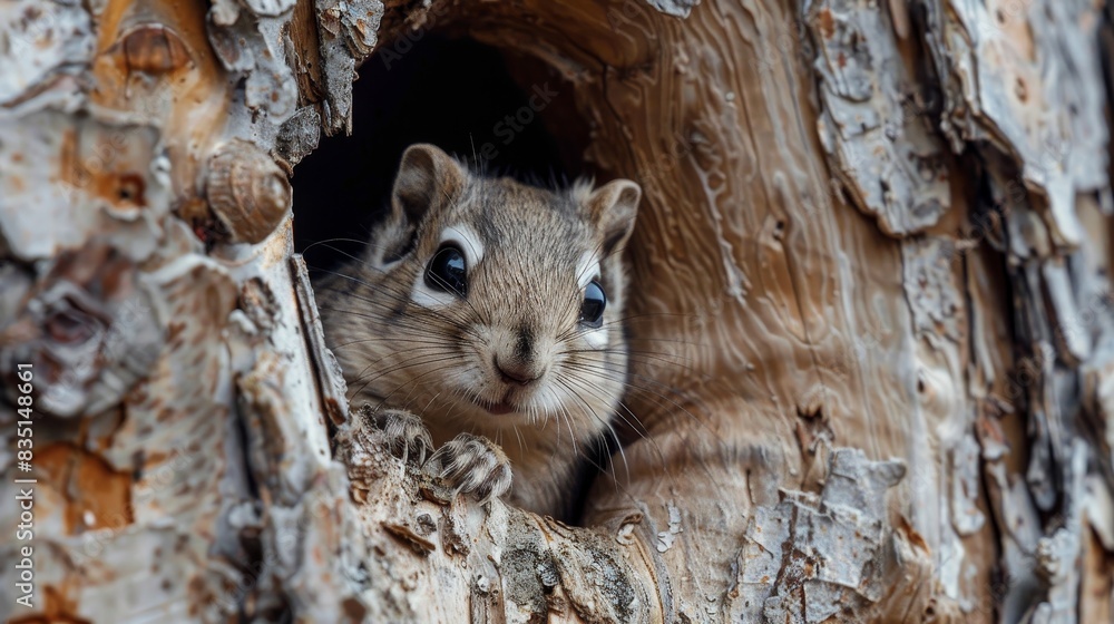 Adorable Siberian flying squirrel poking its head out of a small tree ...