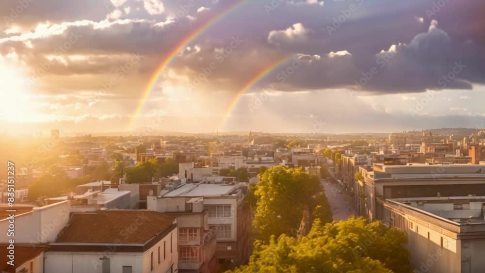Golden sunlight streams through fluffy clouds over a sparkling city. A ...