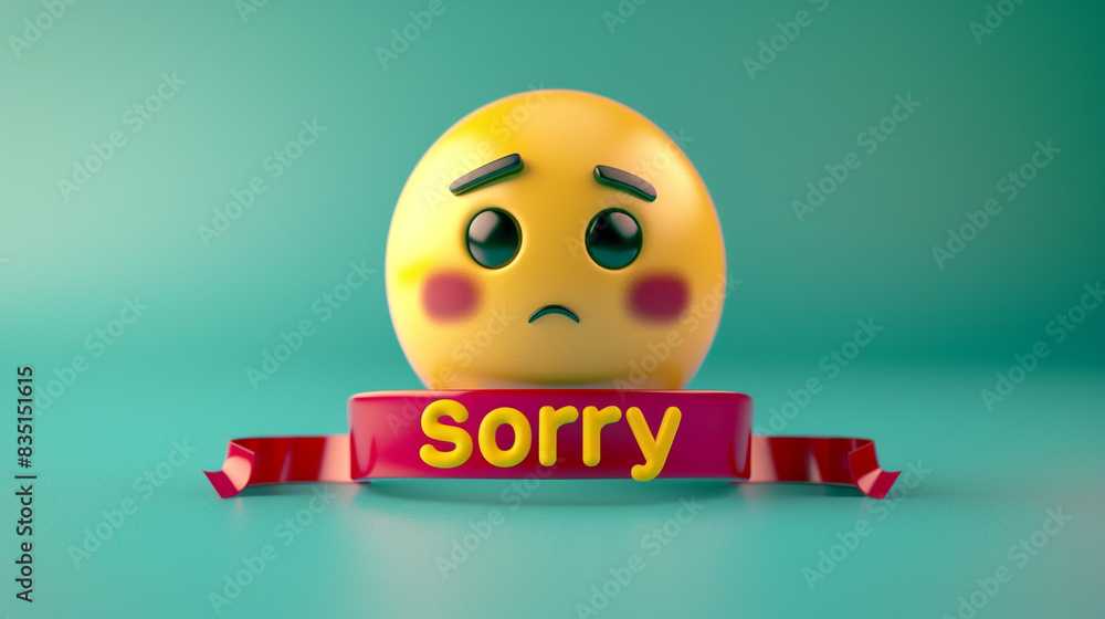 Produce a 3D yellow emoji with an apologetic expression. Below, a red ...