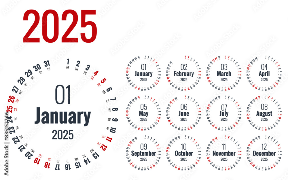 Calendar circle, spiral, planner for 2025. Vector Stationery Design ...