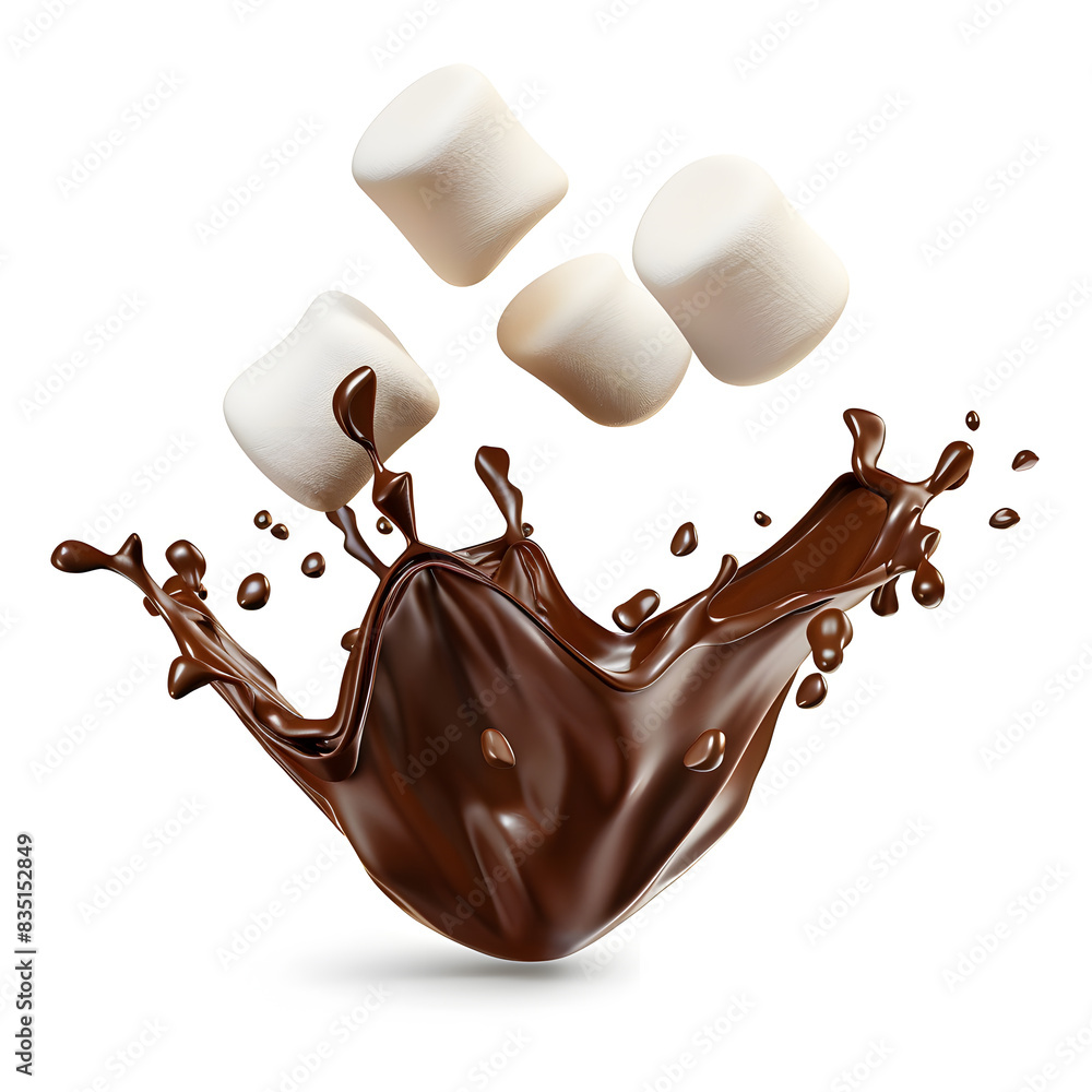 Marshmallow falling into chocolate splash isolated on white background ...