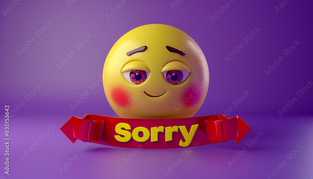 Render a 3D yellow emoji with a penitent expression, beneath a red ...