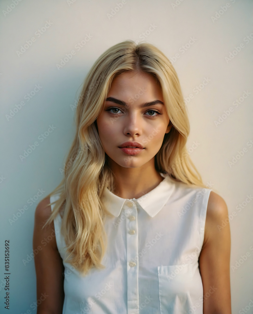 Stunning portrait of a beautiful woman influencer and model with blonde ...