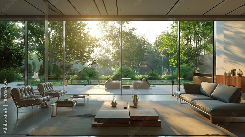A modern glass house living room with a glass wall opening to a patio ...