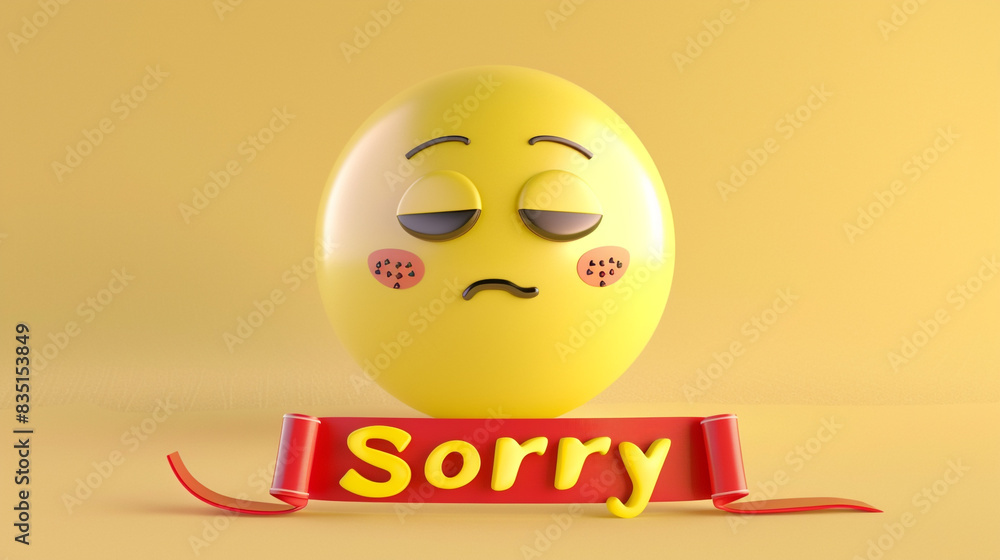 Render a 3D yellow emoji with an apologetic expression. Below, a red ...