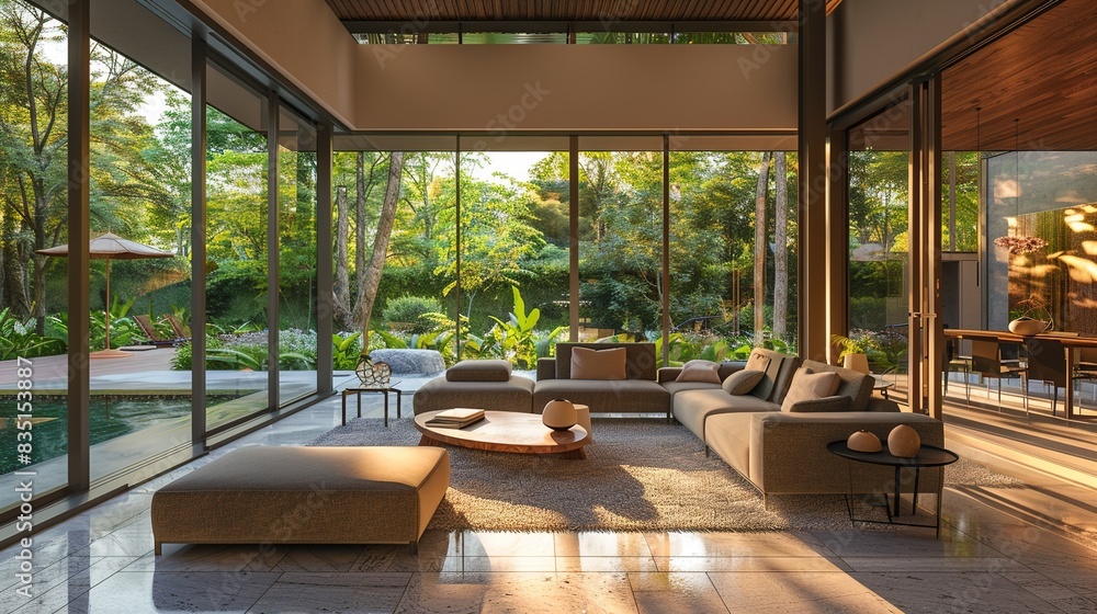A modern glass house living room with a glass wall opening to a patio ...