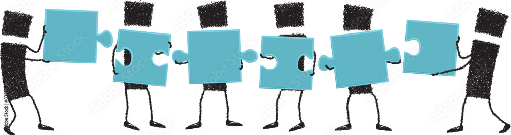 Solving the puzzle together, stick figure. Illustration of a group of ...