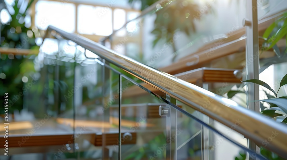 Interior closeup of a glass balustrade with a wooden handrail in a ...