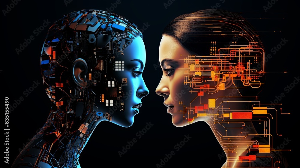 Human vs AI Interface, A striking digital illustration depicts the face ...