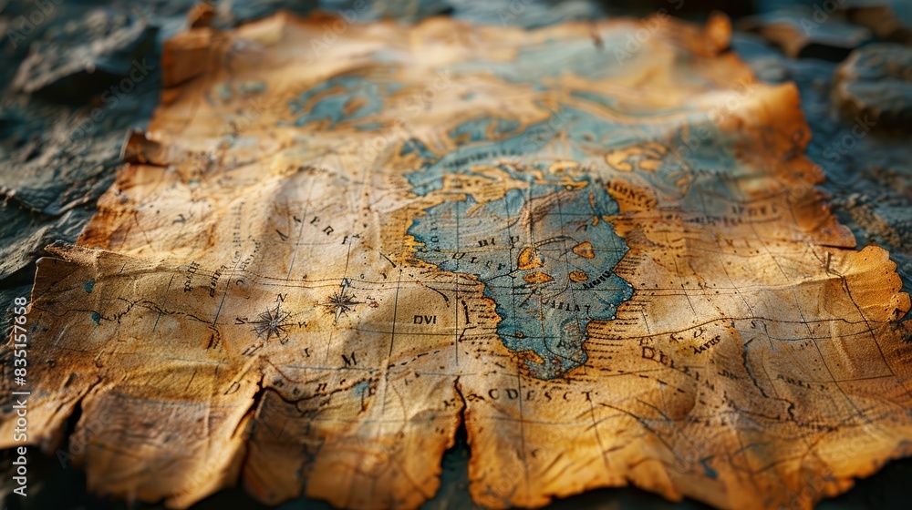 Old World map on vintage wooden table, worn torn paper and instruments ...