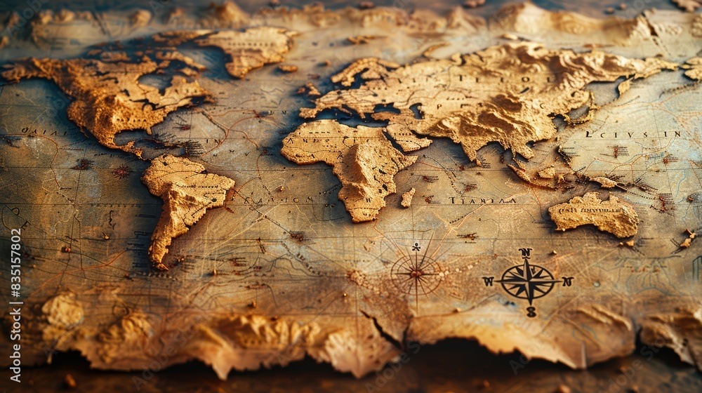 Old World map on vintage wooden table, worn torn paper and instruments ...