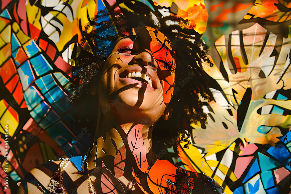 Joyful singer performing amidst in colorful beautiful paper cuttings ...