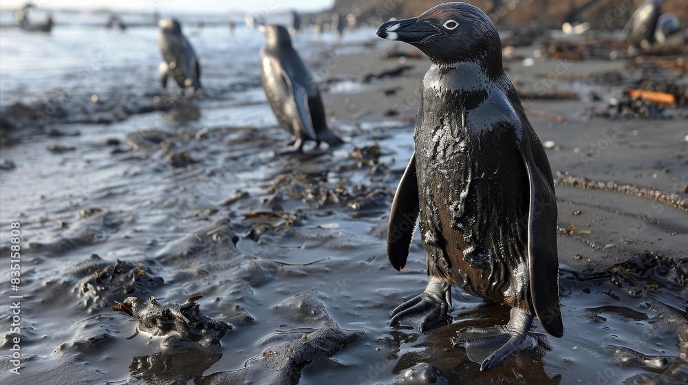 Desperate penguins on an oil-soaked beach, their feathers coated in ...