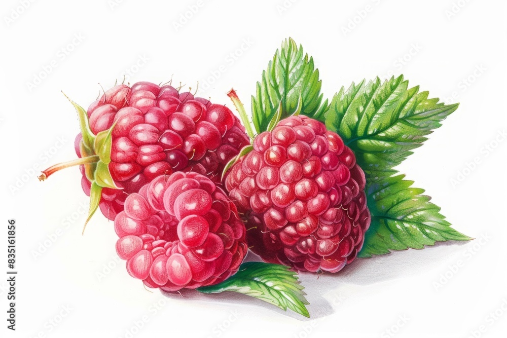Illustration of three ripe red raspberries with green leaves on a white ...