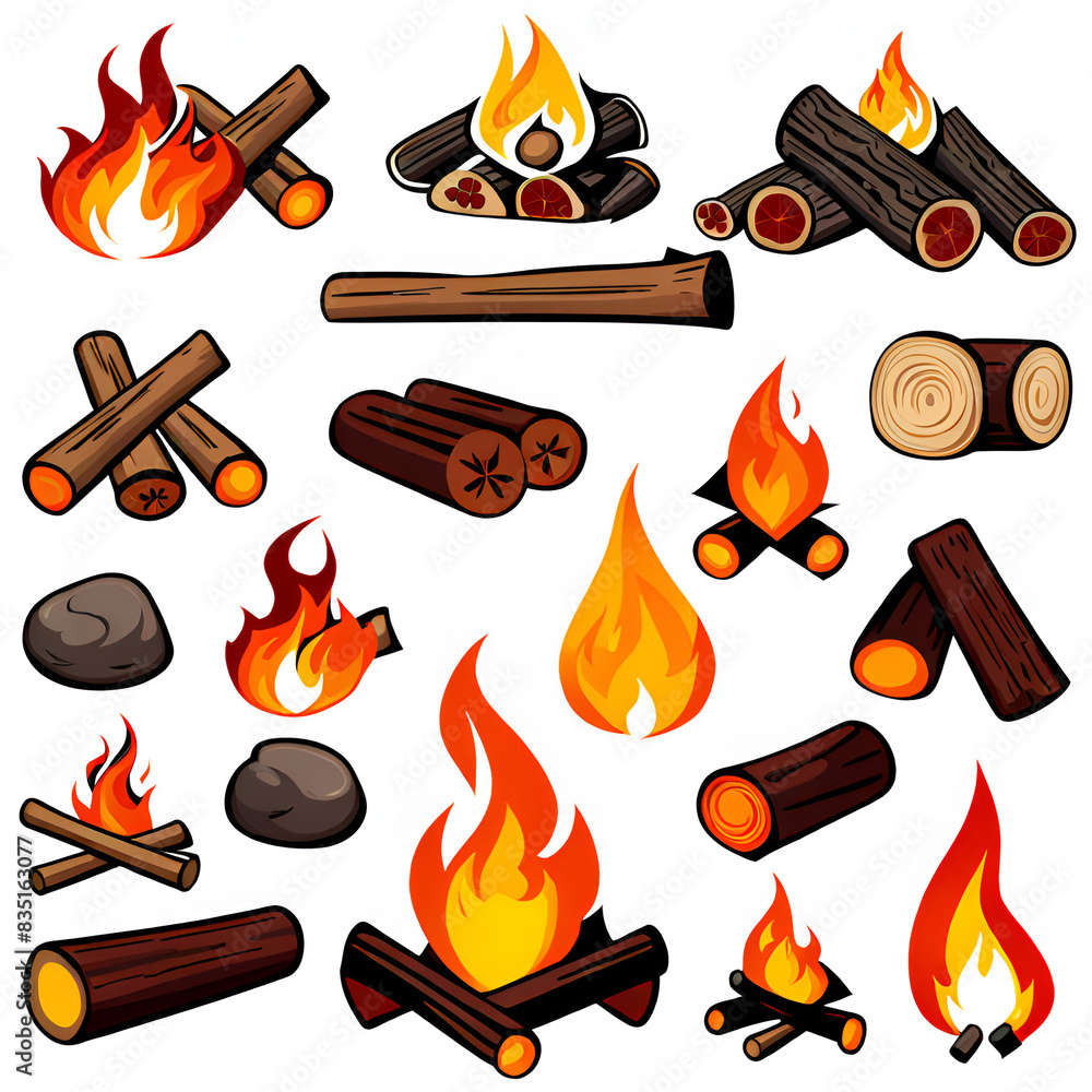 Set of diverse campfires isolated on white background, showing various ...