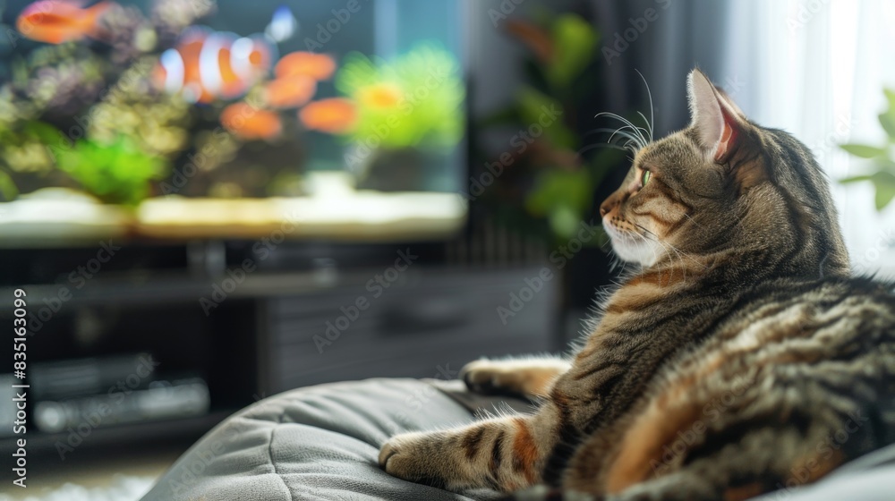 Cat lounging on a bean bag chair, eyes fixed on a TV screen showing a ...