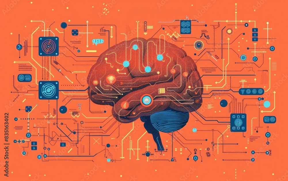 human brain circuitry flat design top view, tech theme, cartoon drawing ...