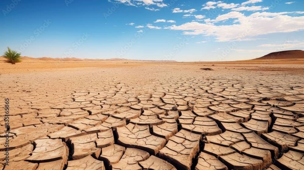 photograph of a parched desert landscape, with cracks in the dry earth ...