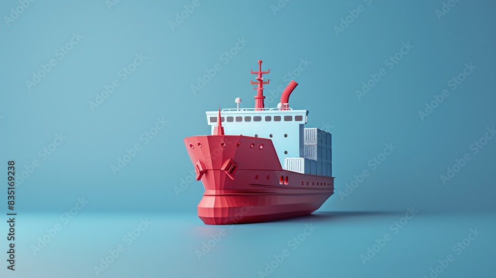 Colorful cargo ship on a blue background. 3D render illustration of a ...
