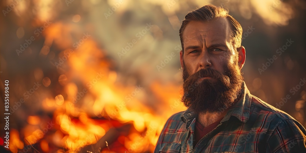 Man with a beard standing in front of a raging fire. Concept Outdoor ...