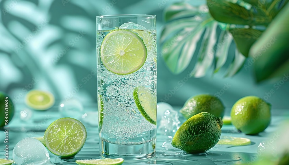 Generate a flat lay of a tall glass of sparkling water with lime slices Stock Photo | Adobe Stock