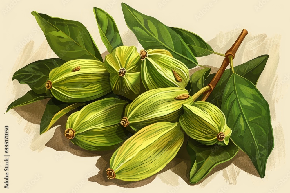 Cluster of green cardamom pods with leaves on a beige background ...