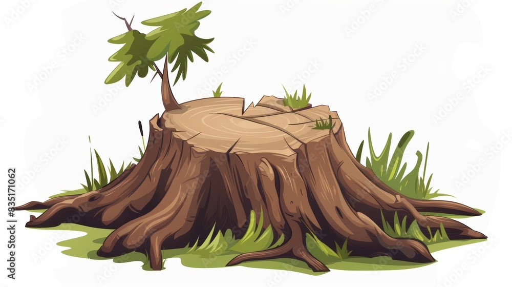 A cartoon tree stump with roots and blades of grass. A tree stump ...