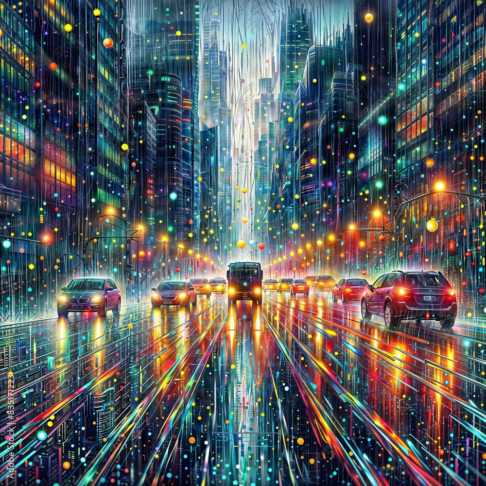 Nighttime city street during a rainstorm with glowing car taillights ...