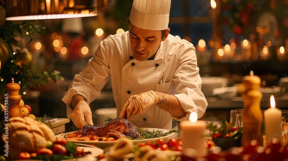 37. Gourmet chef preparing a luxurious meal, intimate candlelight, and ...