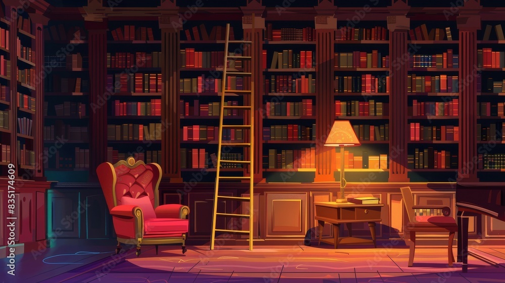 An interior of a library with bookcases, ladder, chair and lamp. Modern ...