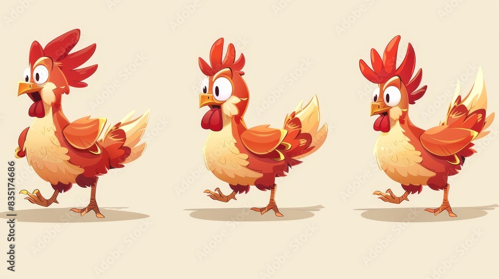 Animated cartoon chicken running. Modern clip art illustration with ...