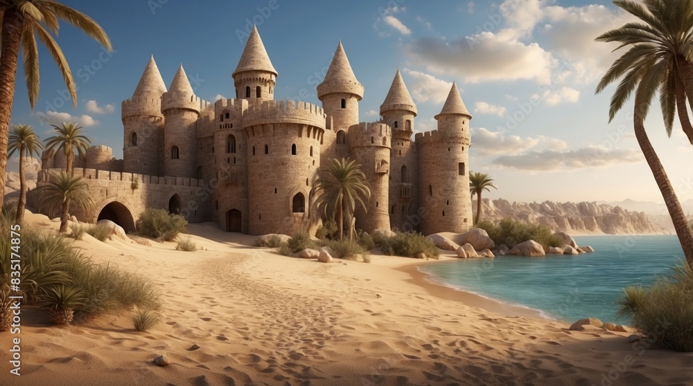 Beautiful fantasy game art, medieval castle between oasis and desert ...