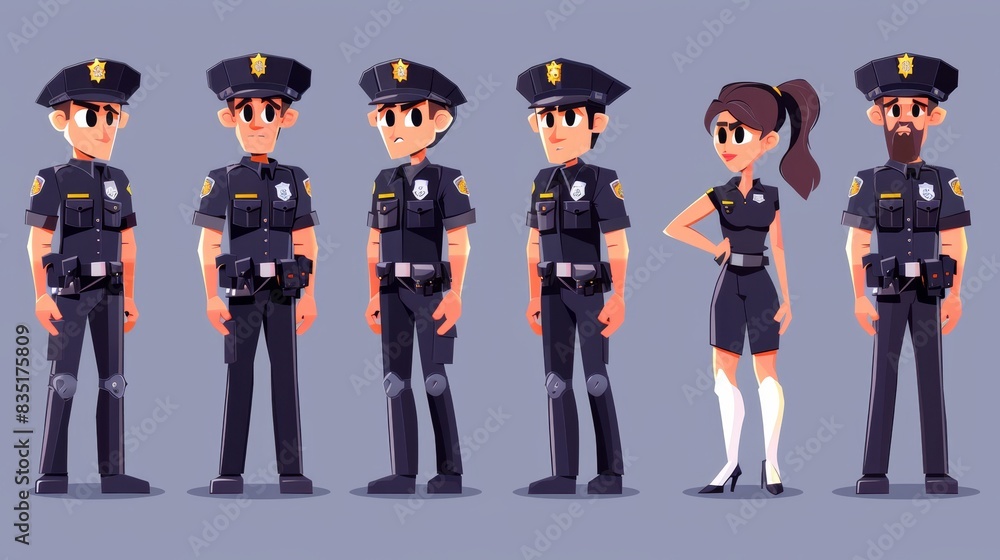 Male and female police officers in different poses. Cartoon cop ...