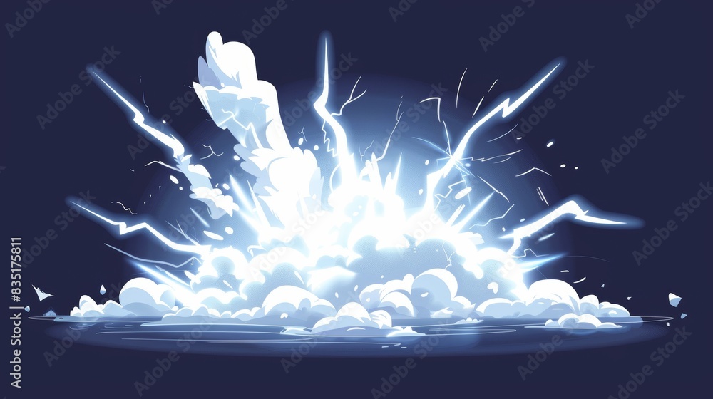 An explosion comic effect with white sparks of power lightning. Smoking ...