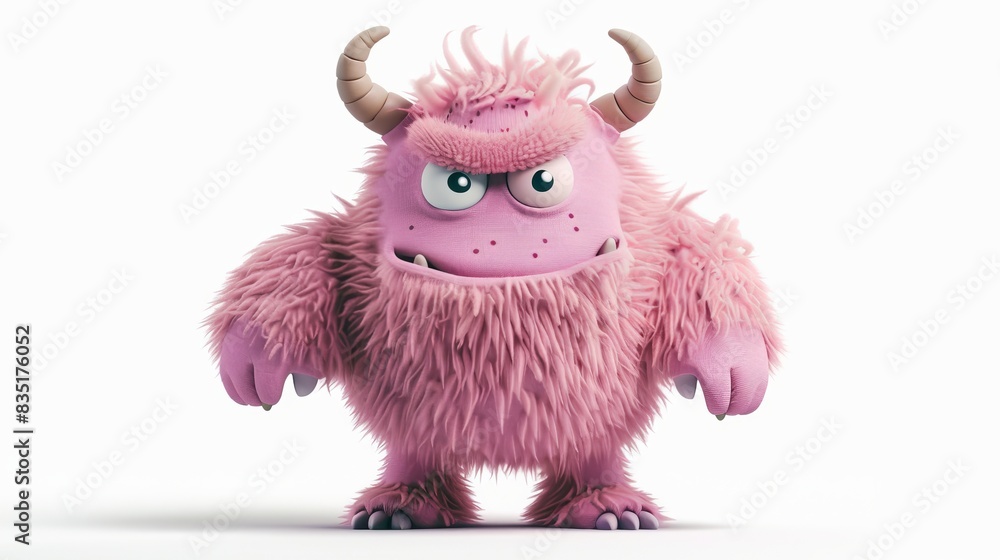 Animated pink fluffy cartoon monster isolated on white background ...